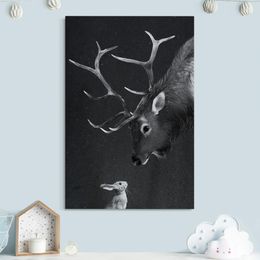 Akustikbild Illustration Hirsch und Hase Schwarz Wei&szlig; Malerei