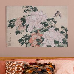 Akustikbild Katsushika Hokusai - Rosa Pfingstrosen mit Schmetterling