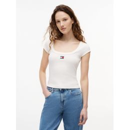 Kurzarmshirt Tommy Jeans "TJW SLIM RIB BADGE TEE EXT", Damen, Gr. L (42/44), ancient wei&szlig;, Single Jersey, Obermaterial: 95% Baumwolle, 5% Elasthan, unifarben, slim fit normal, tiefer Rundhals, Shirts, Baumwollmischung, slim fit, in gerippter Struktur
