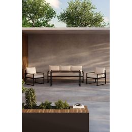 Gartenlounge-Set VENTURE HOME "Catania, gro&szlig;z&uuml;giges Outdoor-Set f&uuml;r hohen Sitzkomfort", beige, beige, schwarz, B:179cm H:67cm T:135cm, Glas, Polyester, Stahl, Sitzm&ouml;bel-Sets, Loungem&ouml;bel mit Stoffbezug, angenehm, weich