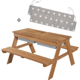 Kindersitzgruppe Roba "Picknick for 4 Outdoor + mit Spielwannen, Teakholz-Optik", teakholz, optik, Sitzm&ouml;bel-Sets, Kinder, B/H/T: 89cm x 50cm x 85,5cm, Kindersitzgarniturmit Spielwannen und 2 Sitzauflagen, Massivholz, mit abgerundeten Ecken; inklusive Sitzauflagen &Acirc;&raquo;Little Stars&Acirc;&laquo;, B:89cm H:50cm T:85,5cm