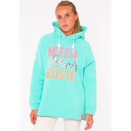 Hoodie Zwillingsherz "Meer Strand K&uuml;ste", Damen, Gr. S/M, gr&uuml;n (mint), Sweatware, Obermaterial: 50% Baumwolle, 50% Polyester, unifarben mit Farbeins&auml;tzen, l&auml;ssig geschnitten normal, hoch geschlossener Ausschnitt, angesetztes B&uuml;ndchen, Sweatshirts Hoodie, mit Kapuze, Pailletten-Schriftzug und aufgesticktem Anker-Motiv