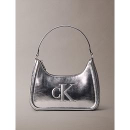 Schultertasche Calvin Klein "BOLD CK METALLIC SHOULDER BAG", Damen, Gr. B/H/T: 30cm x 43cm x 18cm, silberfarben, Lederimitat, metallic, Taschen Schultertasche, Dmaen Tragetasche, Handtasche, Abendtasche mit CK-Logopr&auml;gung
