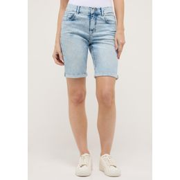 Bermudas Angels "BERMUDA TURN UP", Damen, Gr. 34, N-Gr, bleached blau random used, Denim/Jeans, Obermaterial: 89% Baumwolle, 8% Polyester, 3% Elasthan, unifarben, straight fit knielang, Hosen Bermudas, 5-Pocket-Jeansbermuda mit Aufschlag und Stretch