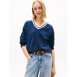 Strickpullover Tommy Jeans "TJW RLX V-NECK TIPPING SWEATER", Damen, Gr. L (40), schwarz night navy, Strick, Obermaterial: 100% Baumwolle, relaxed fit, Pullover Strickpullover