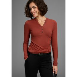 Longsleeve Laura Scott, Damen, Gr. 40/42, braun (zimt), Jersey, Obermaterial: 95% Viskose, 5% Elasthan, clean, unifarben, figurbetont h&uuml;ftbedeckend, V-Ausschnitt, Shirts, mit Knopfleiste