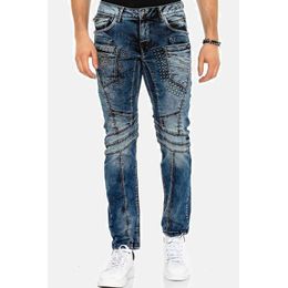 Cipo & Baxx Straight-Jeans CIPO & BAXX "Jeans", Herren, Gr. 30, L&auml;nge 34, blau (dunkelblau), 94% Baumwolle, 4% Polyester, 2% Elasthan, unifarben, regular fit lang, Jeans Straight-Jeans, mit rockigen Ziern&auml;hten, CD-418