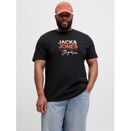 Jack & Jones PlusSize Print-Shirt "JORCANGGU TEE SS CREW NECK FST PLS", Herren, Gr. 4XL, schwarz, Jersey, Obermaterial: 100% Baumwolle, JACK & JONES PLUSSIZE, bedruckt, loose fit taillenbedeckt, Rundhals, gerader Abschluss, Shirts, mit Logo Print