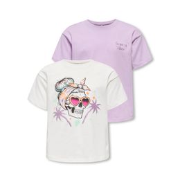 T-Shirt KIDS Only "KOGMAIKEN LIFE SKULL SS TOP JRS 2-PACK", M&auml;dchen, Gr. 122/128, orchid bloom pack:cloud dancer, Jersey, Obermaterial: 100% Baumwolle, bedruckt, unifarben, bequem normal, Rundhals, Shirts T-Shirt, mit unterschiedlichen Frontprints