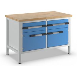 eurokraft pro Werkbank, Gestellbauweise Serie 8000, 2 Schubladen 180 mm, 2 T&uuml;ren 360 mm, BxT 1250 x 700 mm