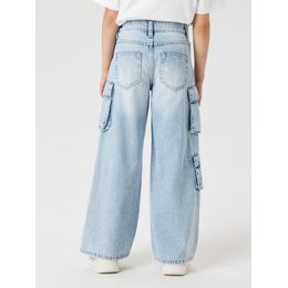 Weite Jeans name it "NKFBELLA WIDE CARGO JEANS 8772-BE NOOS", M&auml;dchen, Gr. 128, N-Gr, blau (light blau bleached denim), Denim/Jeans, Obermaterial: 100% Baumwolle, Abriebeffekte, relaxed fit, Jeans