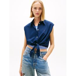 Blusentop Tommy Jeans "TJW TIE FRONT POPLIN SHIRT", Damen, Gr. XL (42), schwarz night navy, Popeline, Obermaterial: 100% Baumwolle, unifarben, taillenbedeckt, Rundhals, Blusen Blusentop, mit Knoten Detail am Saum, reine Baumwolle
