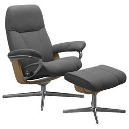 Relaxsessel stressless "Consul", grau (grau batick), B:82cm H:102cm T:72cm, Leder BATICK: BATICK ist ein leicht korrigiertes, durchgef&auml;rbtes und genarbtes M&ouml;belleder, bei dem die meisten Unebenheiten und Spuren in der Regel entfernt wurden., Sessel, Relaxsessel, mit Hocker, mit Cross Base, Gr&ouml;&szlig;e S, M & L, Holzakzent Eiche