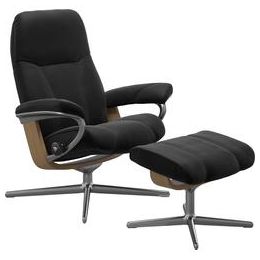 Relaxsessel stressless "Consul", schwarz (schwarz paloma), B:78cm H:97cm T:70cm, Leder PALOMA: PALOMA ist ein durchgef&auml;rbtes Semianilin-M&ouml;belleder mit nat&uuml;rlicher Narbung., Sessel, Relaxsessel, mit Hocker, mit Cross Base, Gr&ouml;&szlig;e S, M & L, Holzakzent Eiche