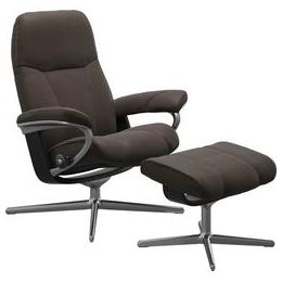 Relaxsessel stressless "Consul", braun (braun batick), B:91cm H:102cm T:79cm, Leder BATICK: BATICK ist ein leicht korrigiertes, durchgef&auml;rbtes und genarbtes M&ouml;belleder, bei dem die meisten Unebenheiten und Spuren in der Regel entfernt wurden., Sessel, Relaxsessel, mit Cross Base, Gr&ouml;&szlig;e S, M & L, Holzakzent Schwarz