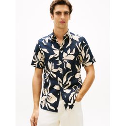 Kurzarmhemd Tommy Hilfiger "LINEN BLEND FLOWER PRINT", Herren, Gr. L, N-Gr, schwarz night navy, allover, Web, Obermaterial: 52% Baumwolle, 48% Leinen, regular fit normal, Hemden, aus Leinenmix, regular fit