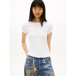 Kurzarmshirt Tommy Jeans "TJW SLIM SMOCK SS TEE", Damen, Gr. XS (34), ecru, Single Jersey, Obermaterial: 96% Polyester, 4% Elasthan, unifarben, slim fit h&uuml;ftlang, Rundhals, gewellter Abschluss, Shirts, aus Seersucker, mit Kr&auml;uselsaum
