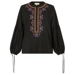 Hemdbluse RAFFYA "Anai Half Placket Embroidered Blouse Damen", Damen, Gr. 42, schwarz, 60% Viskose, 30% Leinen, 10% Polyester, Blusen Hemdbluse