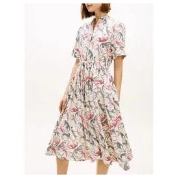 Sommerkleid Tommy Hilfiger "ESS LINEN SHORT SLEEVE SHIRT DRESS", Damen, Gr. XS (34), N-Gr, leopard baroque rwb, Web, Obermaterial: 100% Leinen, gemustert, tailliert wadenlang, Rundhals, mit Umschlag, Kleider Sommerkleid, in Midi-L&auml;nge, mit Taillen-Band zum Binden