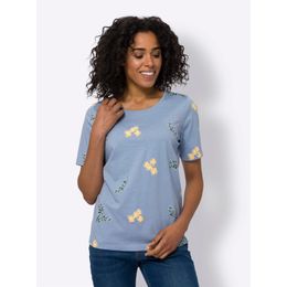 Kurzarmshirt Classic Basics "Kurzarm-Shirt", Damen, Gr. 44, blau (bleu, wei&szlig;, bedruckt), 100% Baumwolle, gebl&uuml;mt, gemustert, mehrfarbig, Rundhals, Shirts