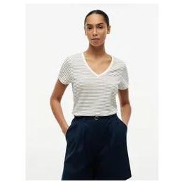 Kurzarmshirt Tommy Hilfiger "CO LINEN V-NECK SHORT SLEEVE TEE", Damen, Gr. XS (34), small brt stp calico, schwarz, Single Jersey, Obermaterial: 50% Baumwolle, 50% Leinen, gestreift, regular fit normal, V-Ausschnitt, abgesteppte Kante, Shirts, mit V-Ausschnitt, Regular Fit