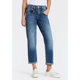 Boyfriend-Jeans Herrlicher "Shyra Tap Denim Stretch", Damen, Gr. 34, N-Gr, ocean, Denim/Jeans, Obermaterial: 98% Baumwolle, 2% Elasthan, 7/8-L&auml;nge, Jeans, mit halb verdeckter Knopfleiste, High Waist