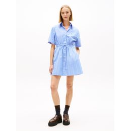 Hemdblusenkleid Tommy Jeans "TJW MINI STRIPE SHIRT DRESS", Damen, Gr. L (40), N-Gr, empire blau, stripe, Popeline, Obermaterial: 100% Baumwolle, gestreift, tailliert mini, mit Umschlag, Kleider, mit Taillen Bindeband, Relaxed Fit