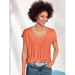 Kurzarmshirt Heine "Shirt", Damen, Gr. 34, orange (mandarine), 100% Viskose, unifarben, V-Ausschnitt, Shirts