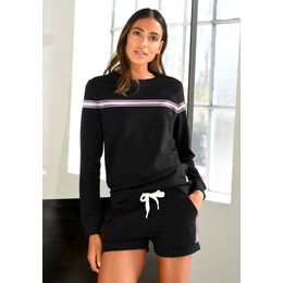 H.I.S. Sweater H.I.S, Damen, Gr. 40/42, schwarz, Sweatware, Obermaterial: 77% Baumwolle, 20% Polyester, 3% Elasthan, kontrastfarbene Details, unifarben mit Farbeinsatz, Basic, Basic normal, Rundhals, breiter Bund, Sweatshirts Sweater, mit kontrastfarbigem Tape, Loungeanzug