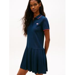Polokleid Tommy Jeans "TJW BADGE PLEAT PIQUE DRESS EXT", Damen, Gr. L (40), N-Gr, schwarz night navy, Piqu&eacute;, Obermaterial: 58% Baumwolle, 42% Polyester, unifarben mit Farbeinsatz, relaxed fit mini, angesetztes B&uuml;ndchen, Kleider, mit Kontrastdetails, entspannte Passform