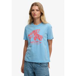 Print-Shirt Superdry "ROADSIDE TRADE RELAXED TEE", Damen, Gr. L, toucan blau, Single Jersey, Obermaterial: 100% Baumwolle, bedruckt, relaxed fit normal, Rundhals, Shirts