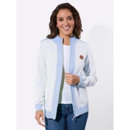 WITT Damen Strickjacke mit gerippten Eins&auml;tzen, hellblau-wei&szlig;-geringelt, Gr&ouml;&szlig;e 38