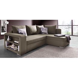 Ecksofa Collection AB "John L-Form, B: 226 cm", braun (macchiato), B:226cm H:85cm T:160cm, Zierkissen: 100% Polyester;Struktur (100% Polyester);Kunstleder SOFTLUX / Struktur (80% Polyester; 20% Polyacryl);Microfaser PRIMABELLE (100% Polyester) / Struktur (100% Polyester), Sofas, Ecksofa, Bettfunktion, Bettkasten, Regalelement & 2 Zierkissen, Federkern