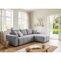 Ecksofa Home Affaire "Bello L-Form, B: 256 cm", hellgrau, B:256cm, 100% Polyester, Sofas, Ecksofa, Bettfunktion, Bettkasten & 2 Zierkissen, Federkern