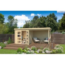 Gartenhaus Lasita Maja "Long Beach", beige (naturbelassen), ohne Fu&szlig;boden, R&uuml;ckwand, ohne Dacheindeckung, Massivholz, Gartenh&auml;user, Gartenhaus, Blockbohlenhaus 28mm mit Anbau