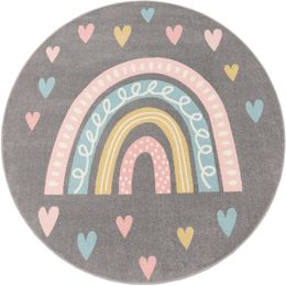 Kinderteppich Paco Home "Nino 887", grau, H:13mm &Oslash;:120cm, Polypropylen, Teppiche, Kinderteppich, Kurzflor, Spielteppich, Motiv Regenbogen & Herzen, Kinderzimmer