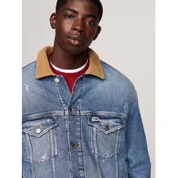Jeansjacke Tommy Jeans "RYAN TEDDY RGLR TRCKR DH6138 EXT", Herren, Gr. M, blau (denim medium), Web, Obermaterial: 99% Baumwolle, 1% Elasthan, unifarben, &Auml;rmel mit &Auml;rmelschlitz 1-Knopf-Manschette, Jacken Jeansjacke, besticktes Markenlogo am Saum