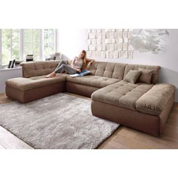 Wohnlandschaft DOMO collection "Moric U-Form, auch in Cord, Breite 353cm, viel Platz", bunt (braun, beige, braun), B:353cm H:80cm T:95cm, Microfaser PRIMABELLE / Struktur (90% Polyester/ 10% Polyacryl);Kunstleder SOFTLUX / Struktur (90% Polyester/ 10% Polyacryl), Sofas, Wohnlandschaft, im XXL-Format, wahlweise mit Bettfunktion und Armlehnenverstellung