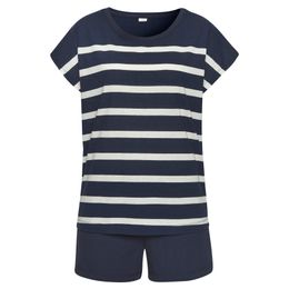 Shorty s.Oliver, Damen, Gr. 40/42, blau (dunkelblau, wei&szlig;, gestreift), Single Jersey, Obermaterial: 60% Baumwolle, 40% Polyester, gestreift, unifarben, loose fit kurz, Rundhals, angeschnitten, Homewear-Sets Shorty, mit garngef&auml;rbten Streifen im Oberteil