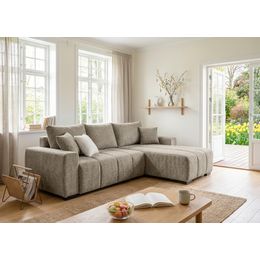 Ecksofa Home Affaire "Bello L-Form, B: 256 cm", beigebraun, B:256cm, 100% Polyester, Sofas, Ecksofa, Bettfunktion, Bettkasten & 2 Zierkissen, Federkern