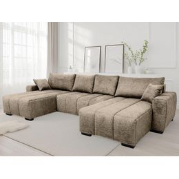 Wohnlandschaft Home Affaire "Bello U-Form, B: 347 cm", beigebraun, B:347cm, 100% Polyester, Sofas, Wohnlandschaft, Bettfunktion, Bettkasten & 2 Zierkissen, Federkern