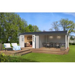 Gartenhaus Lasita Maja "Amarillo", grau (lichtgrau), ohne Fu&szlig;boden, R&uuml;ckwand, ohne Dacheindeckung, Massivholz, Gartenh&auml;user, Gartenhaus, Blockbohlenhaus 28mm mit Anbau