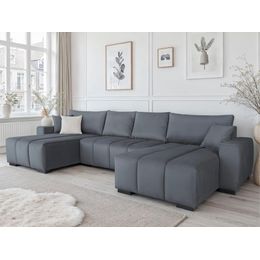 Wohnlandschaft Home Affaire "Bello U-Form, B: 347 cm", anthrazit, B:347cm, 100% Polyester, Sofas, Wohnlandschaft, Bettfunktion, Bettkasten & 2 Zierkissen, Federkern