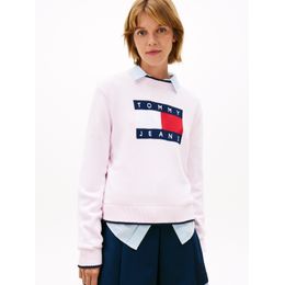 Strickpullover Tommy Jeans "TJW TIPPING FLAG SWEATER EXT", Damen, Gr. M (38), pearly pink, Strick, Obermaterial: 100% Baumwolle, unifarben, relaxed fit h&uuml;ftbedeckend, Rundhals, Rippstrickb&uuml;ndchen, Pullover Strickpullover, mit Logo-Intarsie, Relaxed Fit