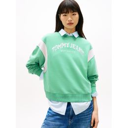 Sweatshirt Tommy Jeans "TJW BXY VARSITY CREW", Damen, Gr. XL (42), tropical tide, Sweatware, Obermaterial: 100% Baumwolle, unifarben mit Farbeins&auml;tzen, gerade h&uuml;ftlang, Rundhals, Rippb&uuml;ndchen, Sweatshirts Sweatshirt, im Boxy Fit, Schulter-Details