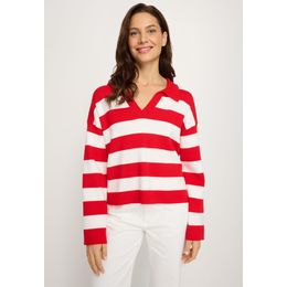 Polokragenpullover Lascana, Damen, Gr. 32/34, blau (rot, wei&szlig;), Strick, Obermaterial: 72% Viskose, 28% Polyester, gestreift, gerade h&uuml;ftlang, Pullover, mit Blockstreifen, Strickpullover, casual-sportiv