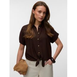 V&eacute;ro Moda Kurzarmbluse VERO MODA "VMTHEA SS TIE SHIRT WVN NOOS", Damen, Gr. M, chocolate torte, Web, Obermaterial: 70% Viskose, 30% Leinen, unifarben, normal, Blusen, Viskosemischung, loose fit