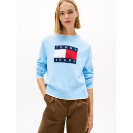Strickpullover Tommy Jeans "TJW TIPPING FLAG SWEATER EXT", Damen, Gr. XS (34), light powdery blau, Strick, Obermaterial: 100% Baumwolle, unifarben, relaxed fit h&uuml;ftbedeckend, Rundhals, Rippstrickb&uuml;ndchen, Pullover Strickpullover, mit Logo-Intarsie, Relaxed Fit