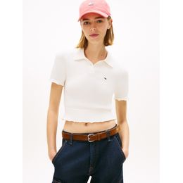 Strickpullover Tommy Jeans "TJW LETTUCE POLO SWEATER", Damen, Gr. XS (34), ancient wei&szlig;, Strick, Obermaterial: 100% Baumwolle, unifarben, slim fit taillenbedeckt, Pullover Strickpullover, Kurzarm mit Kr&auml;uselsaum