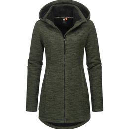 Longstrickjacke Ragwear "Leysha Melange", Damen, Gr. M (38), gr&uuml;n (olivgr&uuml;n), Grobstrick, Obermaterial: 56% Baumwolle, 44% Polyester. Innenfutter: 100% Polyester, figurumspielend ca. Mitte Oberschenkel, hoch geschlossener Ausschnitt, &Auml;rmel ohne &Auml;rmelschlitz abgesteppte Kante mit Daumenl&ouml;chern, Strickjacken Longstrickjacke, Sportliche Kapuzenjacke in melierter Strick-Optik